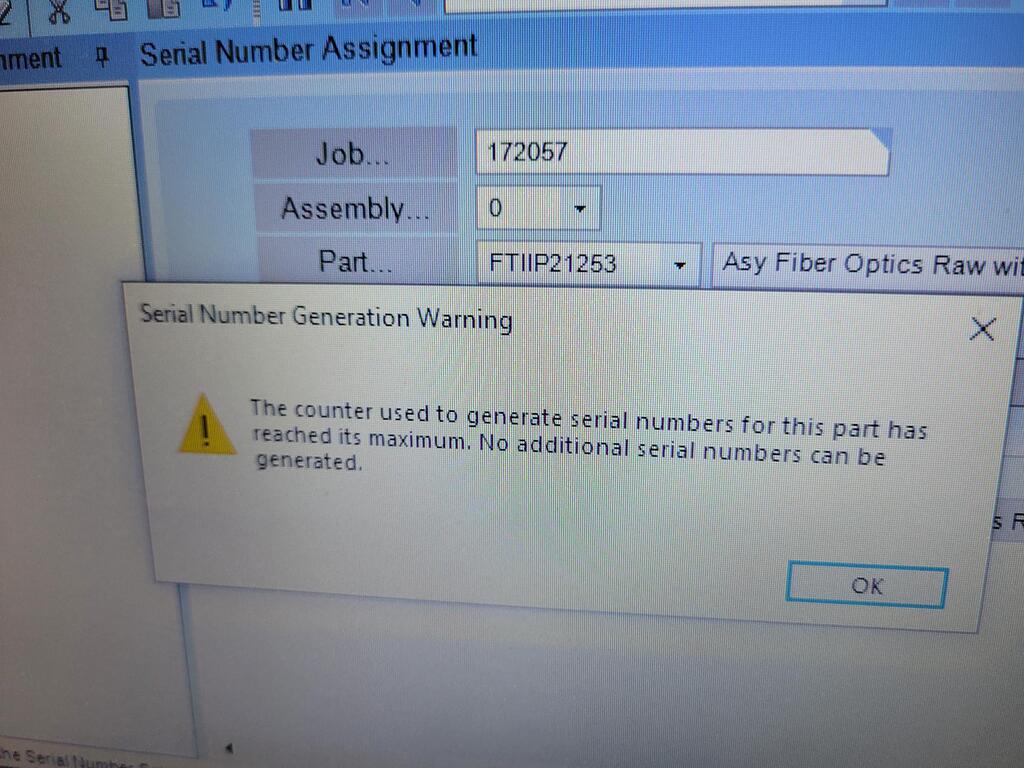 The counter used to generate serial numbers for this part has reached ...