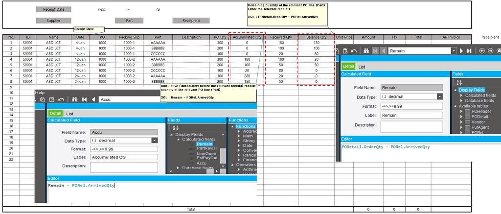 Remaining quantity and cumulative receipt quantity in PO receipt status ...
