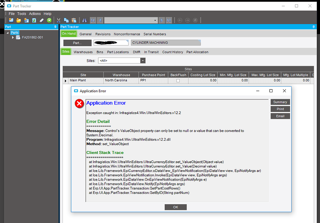 Part Tracker Error on Part - Epicor ERP 10 - Epicor User Help Forum