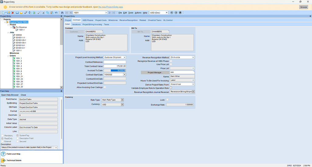 Project Module, Invoiced to Date not adding up - Kinetic ERP - Epicor ...