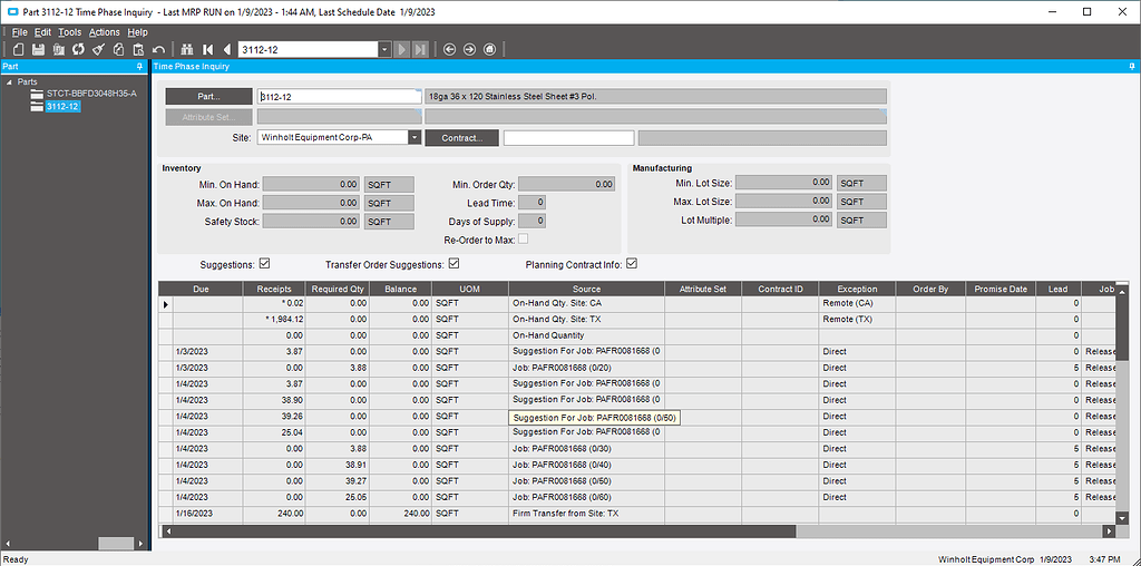 Time Phase - Exception Column showing Direct - Epicor ERP 10 - Epicor ...