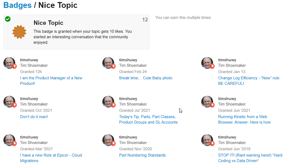 How to get a "Nice Topic" badge on the forum - Off Topic - Epicor User ...