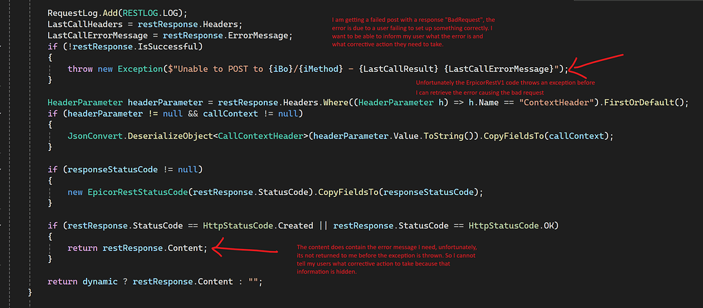 Utilizing the EpicorRestAPI (Core), is there a way to return the response content instead of ...