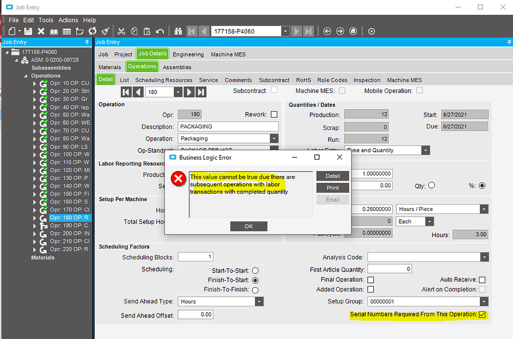 Turn on 'Serial Numbers Required' mid operations - Epicor ERP 10 ...