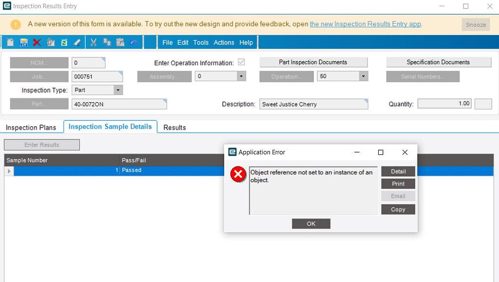 Inspection Results Entry Throws Object Reference Not Set To An Instance Of An Object When Trying