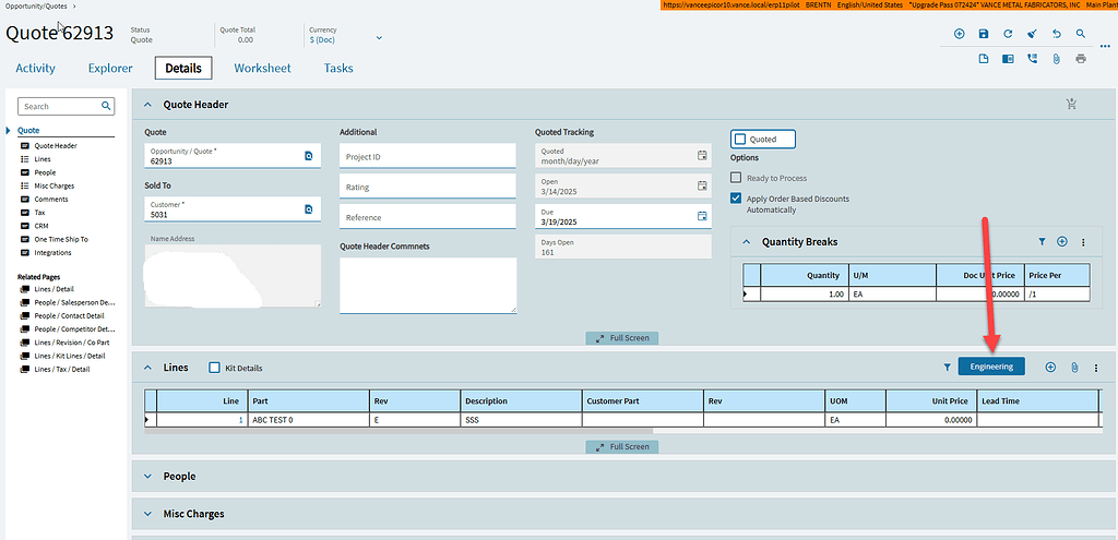 Quote Engineering Button in Quote Entry - Kinetic ERP - Epicor User ...