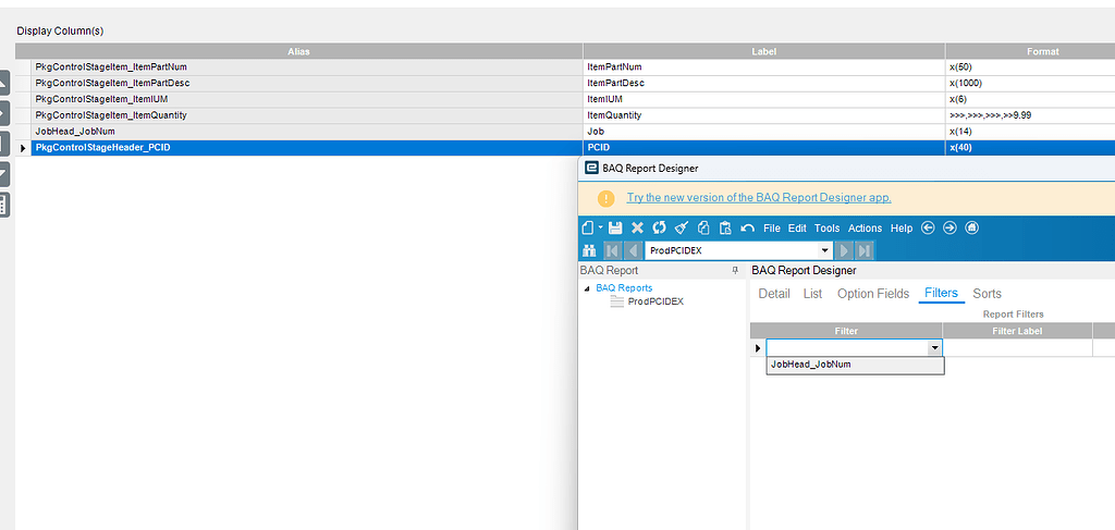 BAQ report - PCID stage - Kinetic ERP - Epicor User Help Forum