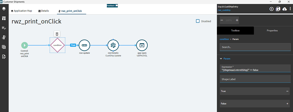 After adding a condition to a button clik in application studio, the row update and table update ...