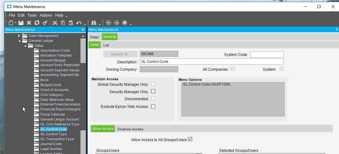 GL Controls - Control - Menu Maintenance - Epicor ERP 10 - Epicor User ...