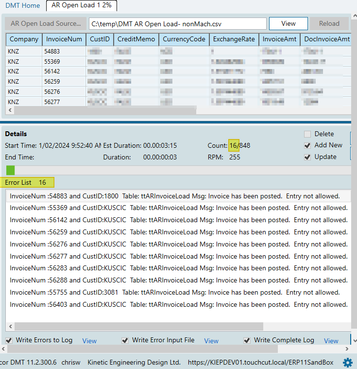 AR Open Load: "Table: ttARInvoiceLoad Msg: Invoice has been posted ...