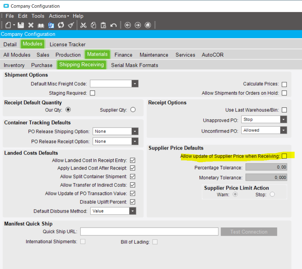 Error in Receipt Entry - Company Config Supplier Price Update - Kinetic ERP - Epicor User Help Forum