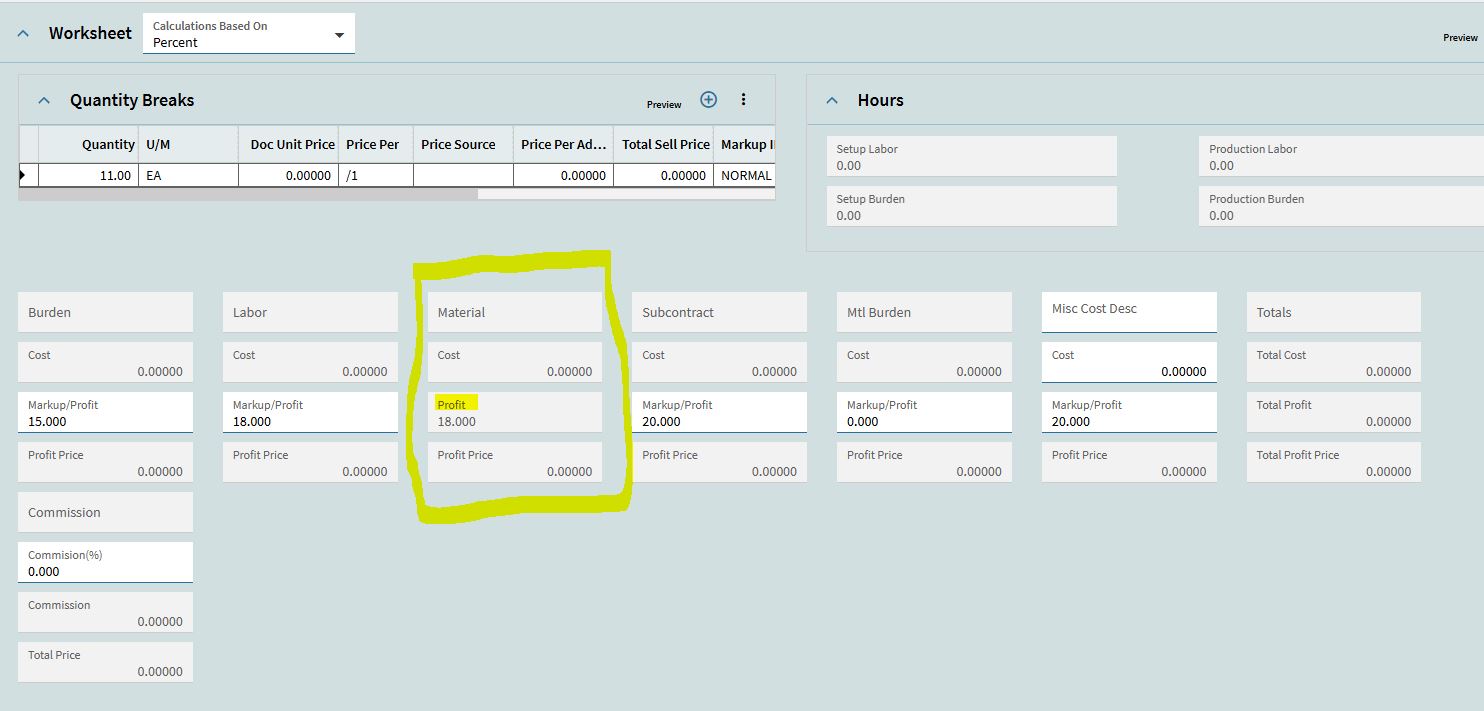 Quote Entry Worksheet Material Markup Disabled - Kinetic ERP - Epicor ...