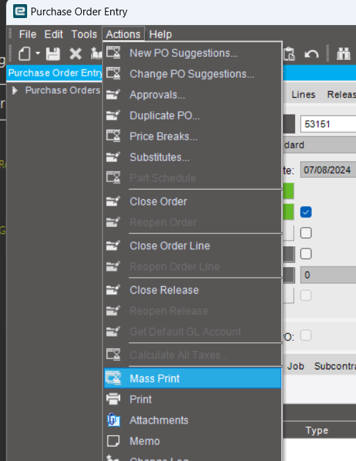 Purchase Order Entry - Hide Mass Print option - Kinetic ERP - Epicor User Help Forum