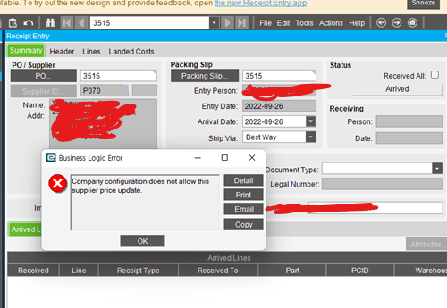 Error in Receipt Entry - Company Config Supplier Price Update - Kinetic ERP - Epicor User Help Forum