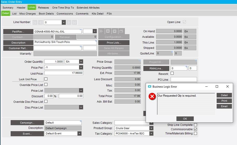 Order Entry error - OurRequestedQty is required - Epicor ERP 10 - Epicor User Help Forum