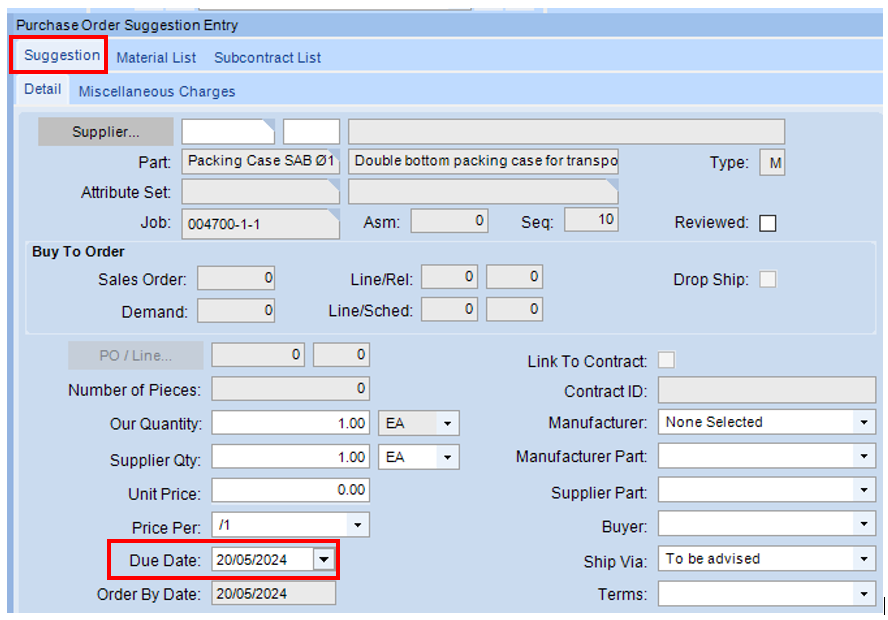 Update PO due date from New PO Suggestion - Material List tab - Kinetic ...