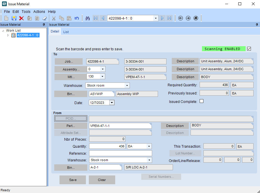 How to define tab action on Issue Material Screen using barcode scanner - Kinetic ERP - Epicor ...
