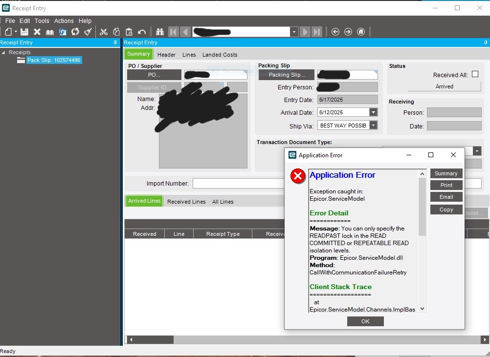 Strange Error in Receipt Entry - Kinetic ERP - Epicor User Help Forum