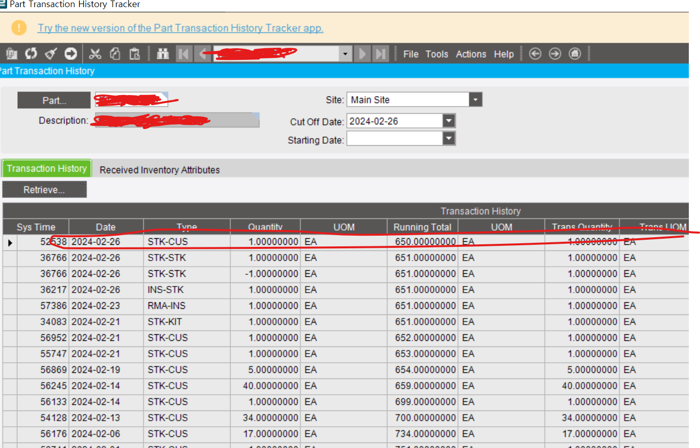 BAQ showing the latest sales (STK-CUS) or production input (STK-MTL ...