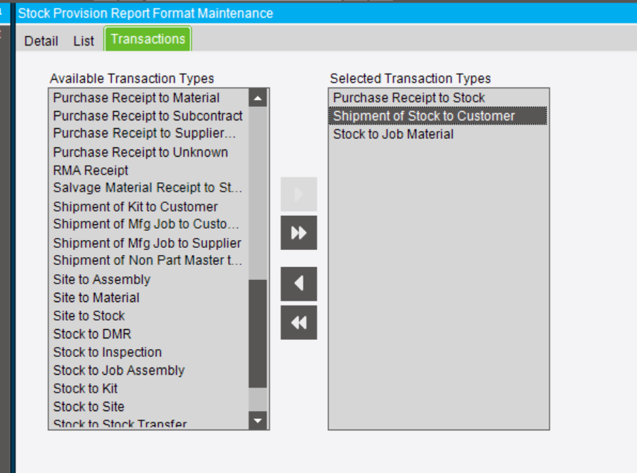 BAQ showing the latest sales (STK-CUS) or production input (STK-MTL ...