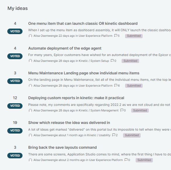 Submitted ideas? - Kinetic ERP - Epicor User Help Forum