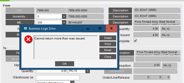 Error on returning material? - Kinetic ERP - Epicor User Help Forum